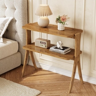 2-Tier Narrow Side Table with Solid Wood Legs, Space-Saving Design for ...
