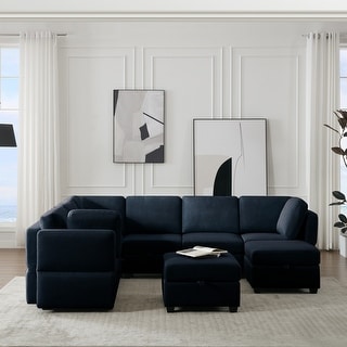 Blue Modular Sectional Sofa with Storage Seat Couch w/ Reversible ...