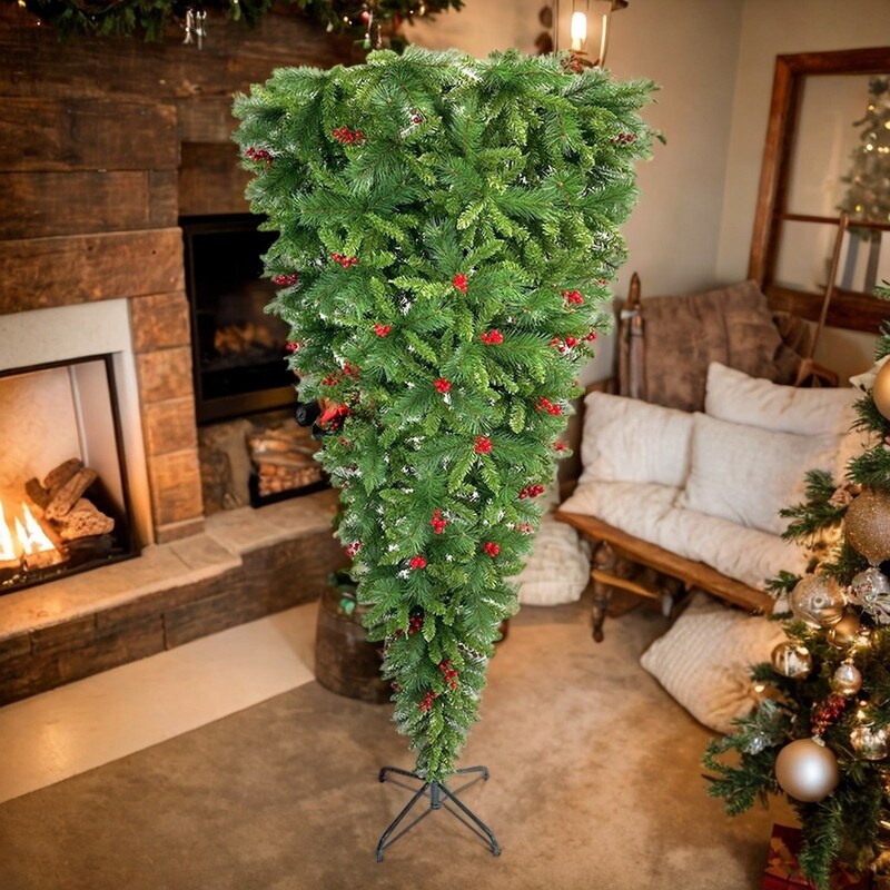 7.5FT Upside Down Christmas Tree with Artificial Berries and Santa's ...