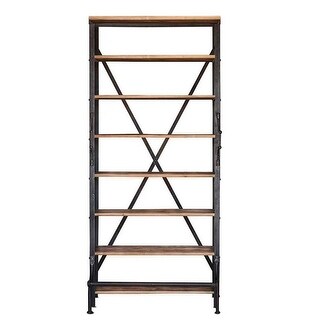 88 Inch Classic Bookcase, 7 Distressed Brown Wood Shelves, Black Iron ...