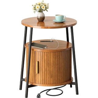 Accent Round End Table with Charging Station, Sliding Door & Modern ...