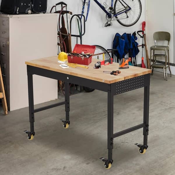 Height Adjustable Wood Top Workbench with Casters and Power Outlets ...