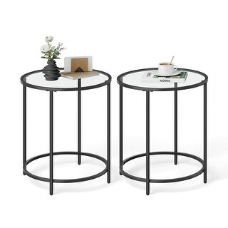 Round Side Tables, Set of 2, Glass End Tables with Metal Frame, Black ...