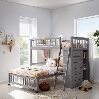 Wooden Twin over Full Bunk Bed Frame with 6-Drawers and 3-Flexible ...