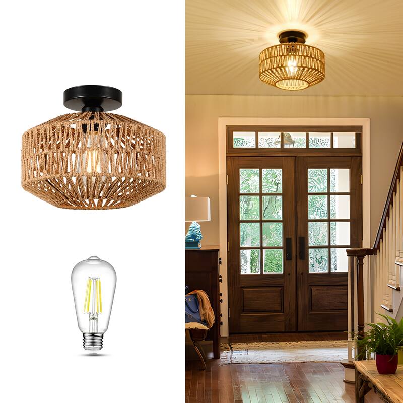 Mini Rattan Flush Mount Light with Dimmable LED Bulb - Bed Bath ...