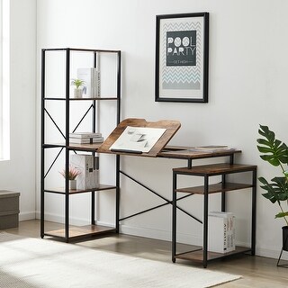 Merax Computer Desk with 5-Tier Bookshelf and Multi-Function Drafting ...
