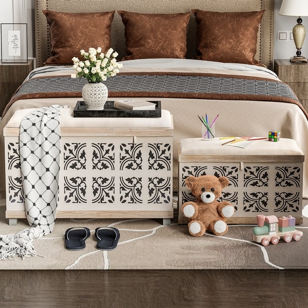 COZAYH 2 Piece Farmhouse Storage Bench with Print Front, Boho Ottoman ...