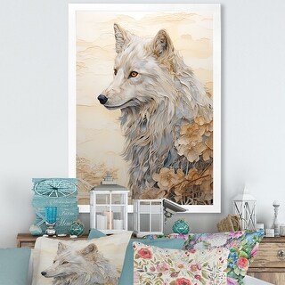 Designart "Beige And Gold Wolf Happiness" Animals Wolf Framed Wall Art ...