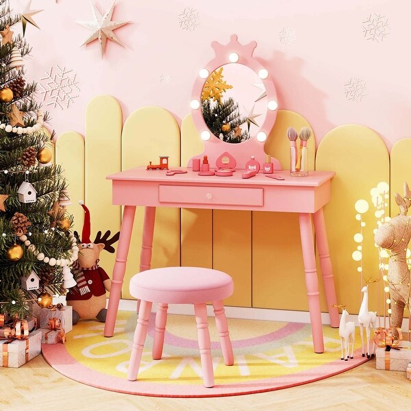 Costway Kids Vanity Set Princess Vanity Table Chair Set with Lighted See Details On Sale Bed Bath Beyond 41620732