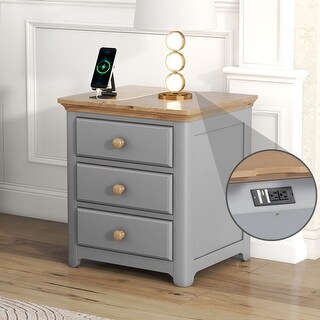 A Gray Bedside Table Made of Solid Wood, with Three Drawers and USB ...