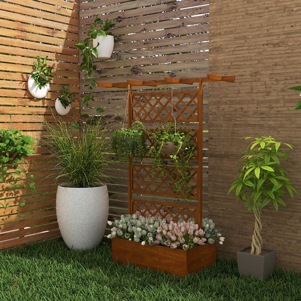 Outsunny Wood Planter with Trellis, Raised Garden Bed Privacy Screen ...