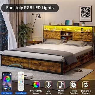 King Size Bed Frame with LED Lights Headboard Modern Upholstered - Bed ...