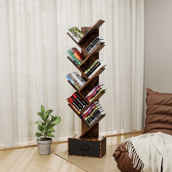 Free Standing 9 Tier Tree Bookshelves with Drawer Modern Bookcase Book Storage for Home Office Living Room Bedroom Deep Rustic Brown