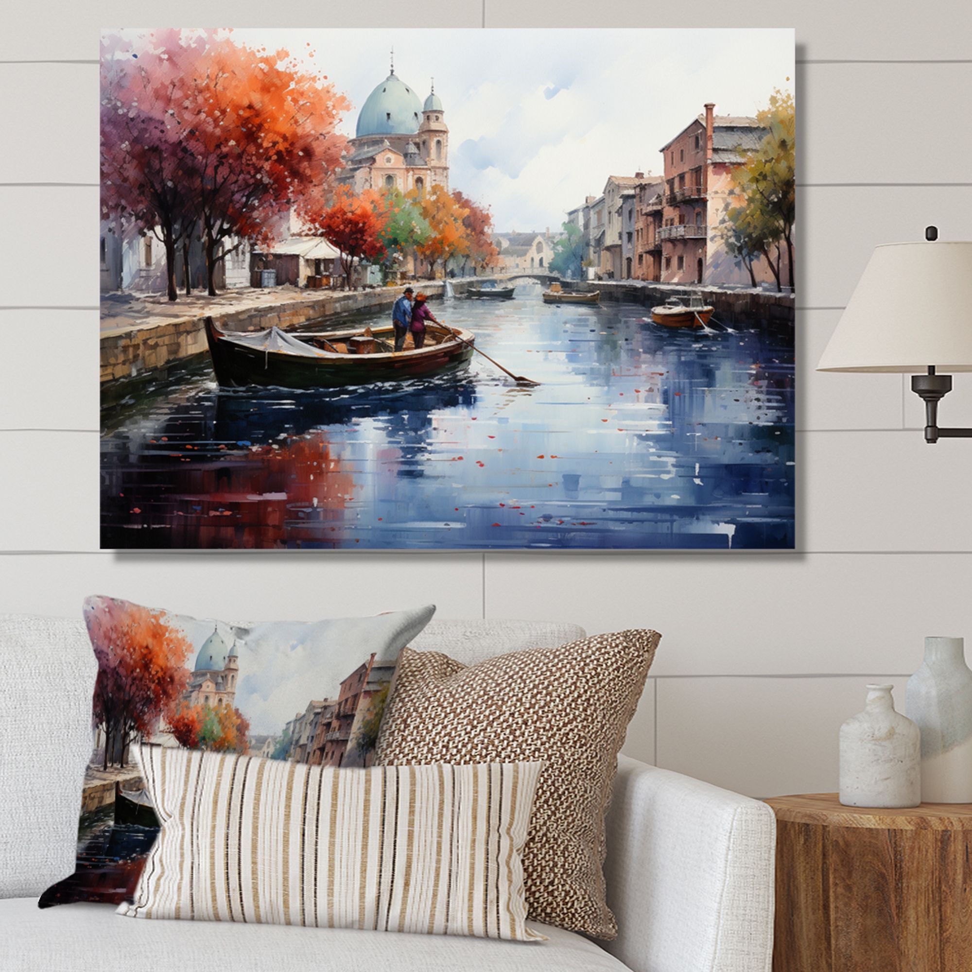 Designart Orange Canal Waterways Pointillism Ii Canals Wall Art Living Room Bed Bath