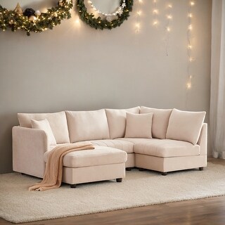 Modern Sectional Sofa,L-shaped Couch Set/5-seat Polyester Couch Set with Convertible Ottoman ...
