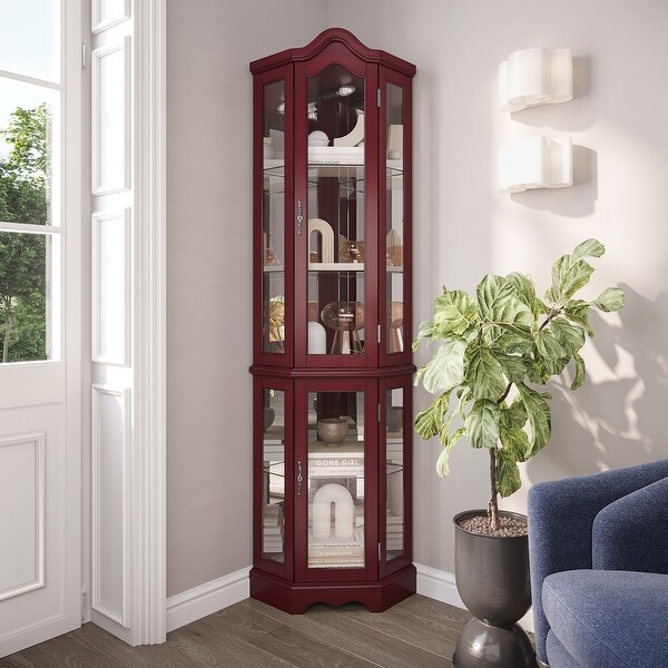 Belleze Loraine Canted Front Lighted Corner Curio Cabinet with 5 Tier Shelves Cherry Brown