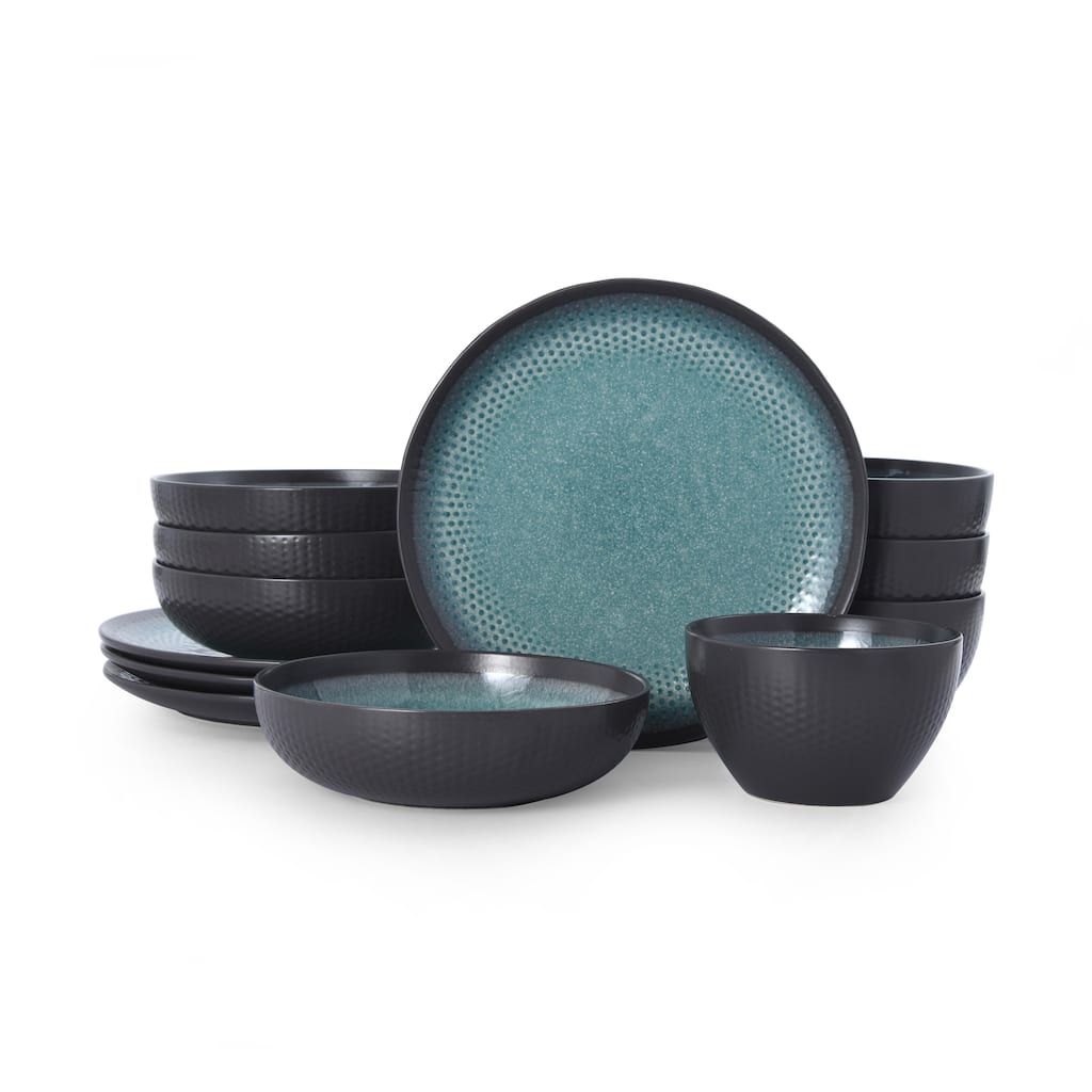 Althea Teal Stripe Stoneware 16-Piece Dinnerware Set (Service for 4 ...