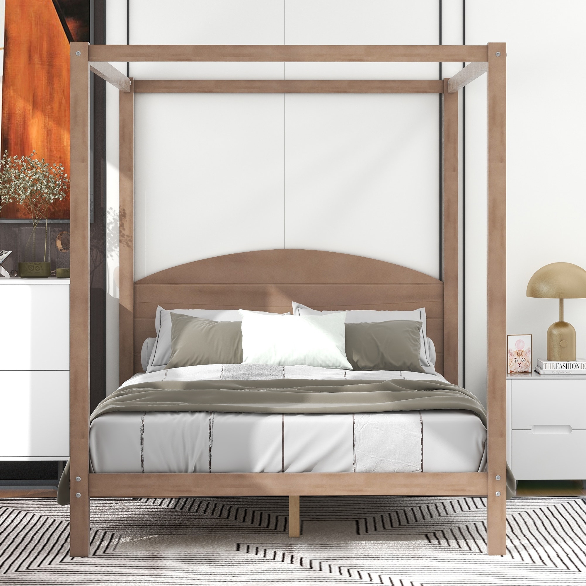 Queen Size Half-Moon Headboard Canopy Bed Straight Lines Platform Bed - Bed Bath & Beyond - 36809356