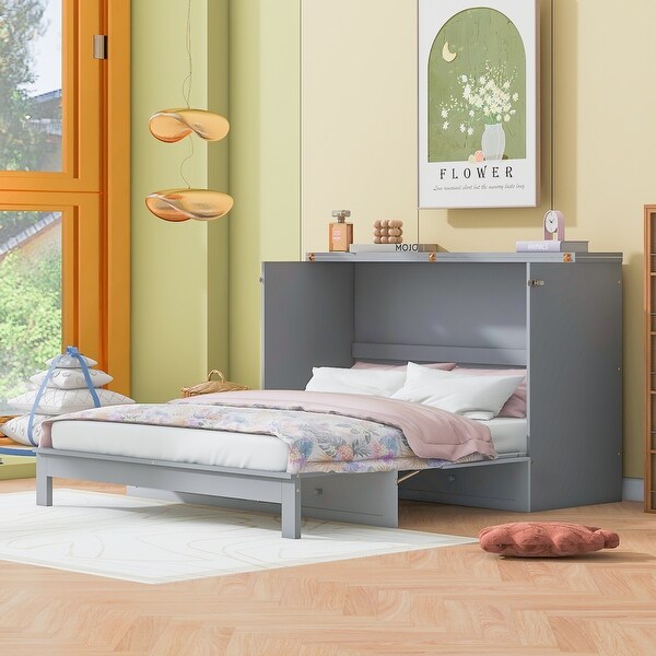 Queen Size Murphy Bed Versatile Folding Bed Frame with Drawers Wooden Convertible Cabinet Bed with USB Ports and Power Outlet Gray