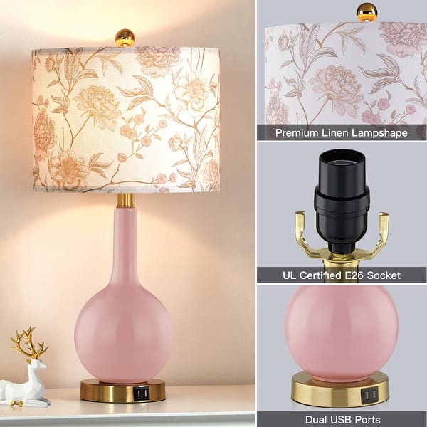 Cinkeda Table Lamp Pink Ceramic Touch Dimming Dual USB Ports - 12'' x ...