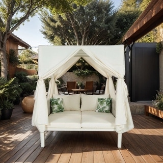 Outdoor 2-Seat Sunbed with Curtains and Cushions, Beige - Bed Bath ...