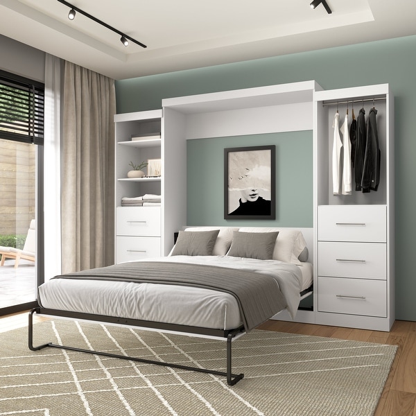 Roundhill Furniture Alvear Upholstered Wood Wallbed Bed with White LED ...