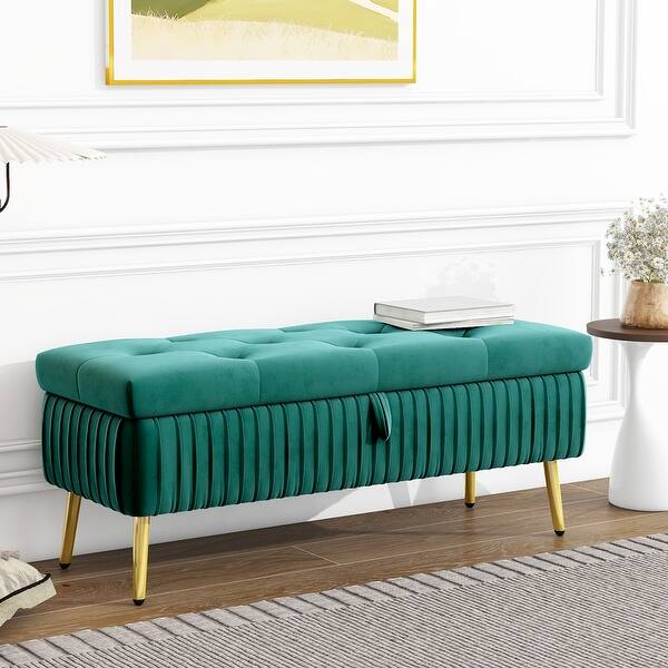 Button Tufted Ottoman With Safety Close Hinge Upholstered Fabrics