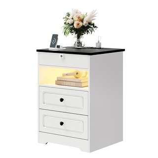 Night Stand with Charging Station,2 Drawers Bedside Table with Gun Safe ...