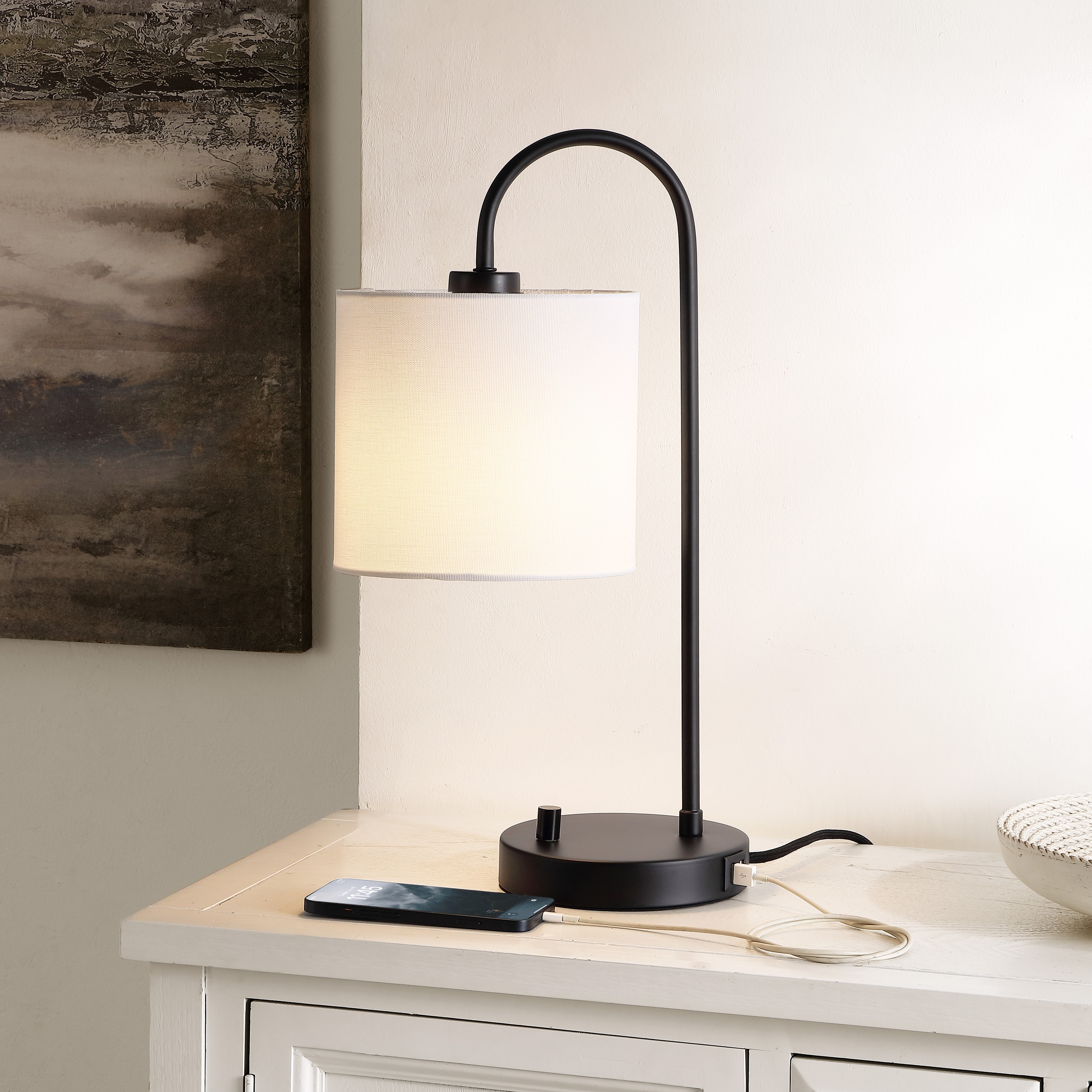 23-in Black Modern Table Lamp with USB Port and White Linen Shade - 23 ...