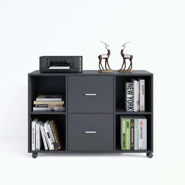 2 Drawer Wooden horizontal filing cabinet with 4 open storage shelves ...