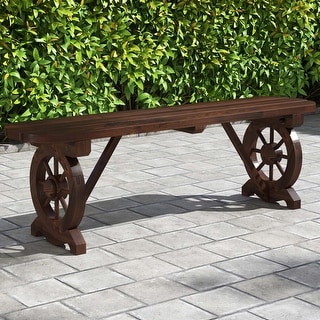 Costway Patio Rustic Wood Bench with Wagon Wheel Base Slatted Seat ...