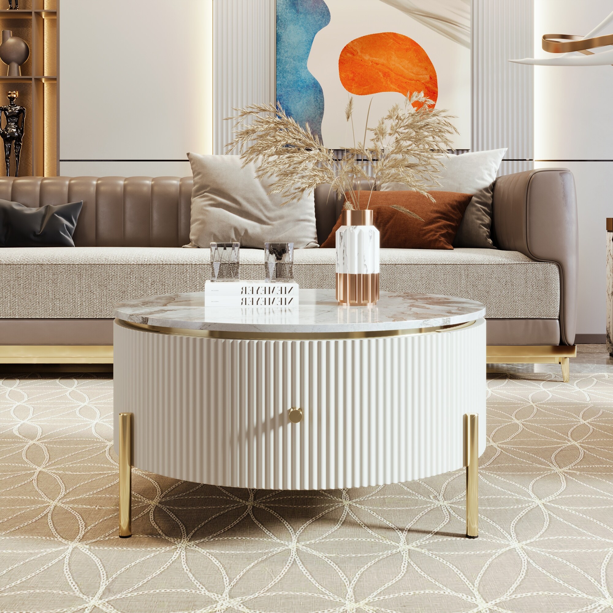 Marble round coffee table with storage store