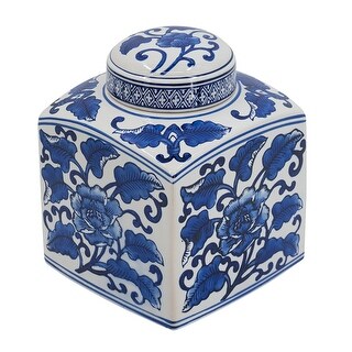 Floral Square Ceramic Canister Decoration - 8" - Blue and White - Bed ...