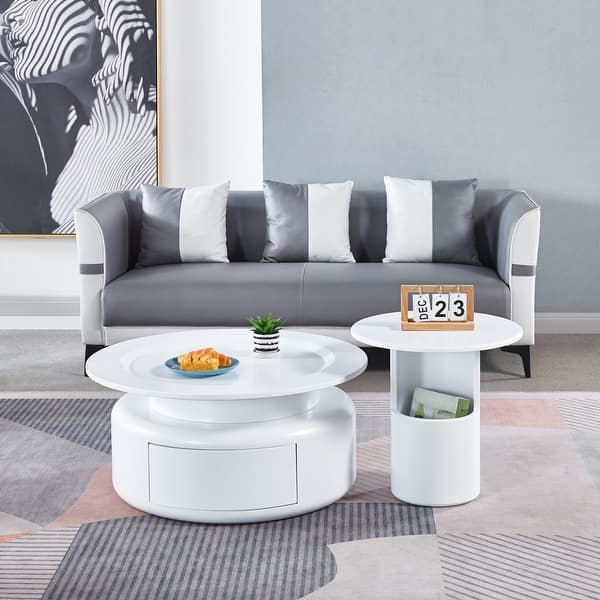 2 Pieces Round White Coffee Table Set for Living Room Matte End Table ...