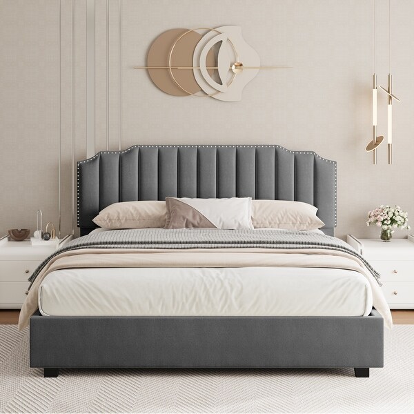 Queen Size Lift Up Velvet Storage Bed Upholstered in Grey with Carved Headboard Easy to Use with Automatic Lift System