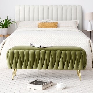 Olive Green Stylish Oval Storage Bench with Gold Legs, Fabric ...