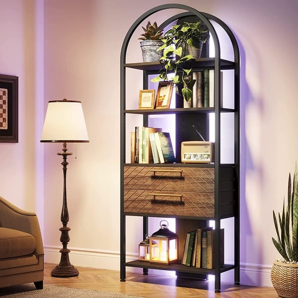 Bookshelf with LED Light, 4-Tier Industrial Bookcase with 2 Drawers ...