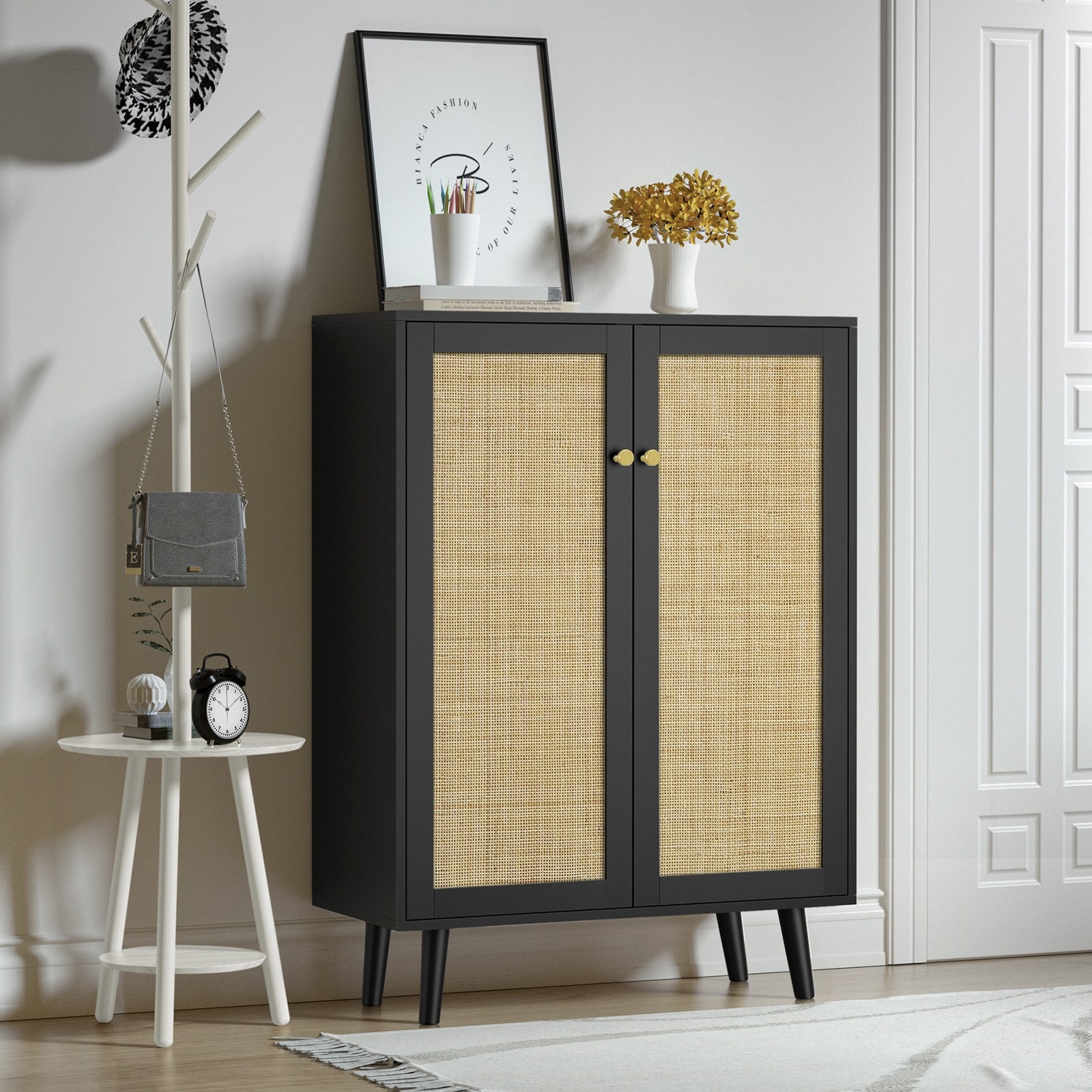 Anmytek Modern 2 Door Black Buffet Sideboard Storage Cabinet Accent Cabinet with Adjustable Shelves 31.5 inchw x 13.4 inchd x 44 inchh