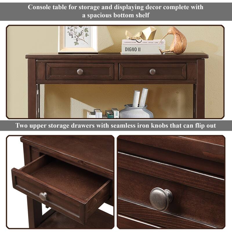 36" Farmhouse Pine Wood Console Table with 4 Drawers & 1 Storage Shelf ...