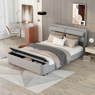 Contemporary Full Size Upholstered Linen Platform Bed with Hidden ...