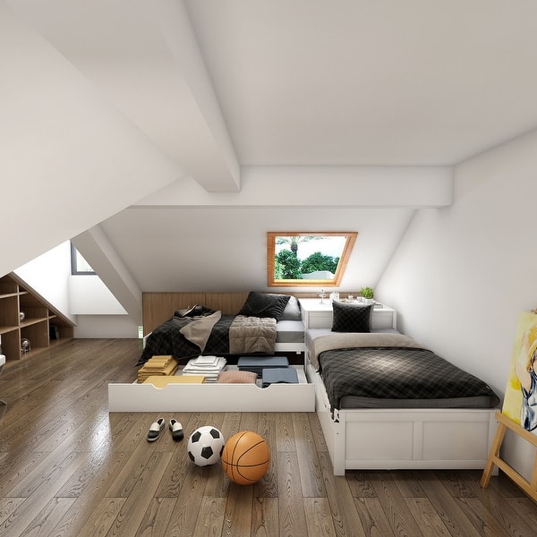 Twin Size L-Shaped Corner Platform Beds with Trundle and Drawers Linked ...