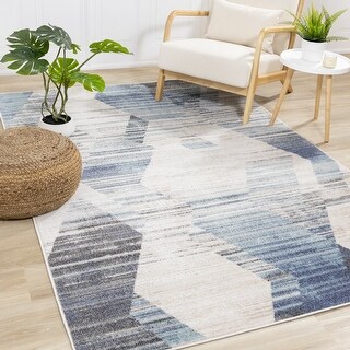 Fitzgerald Collection - Blue/Cream/Grey Distressed Geometric Rug - Bed ...
