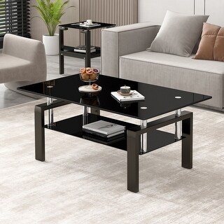 Black Modern Glass Coffee Table Set with Metal Legs - Bed Bath & Beyond ...