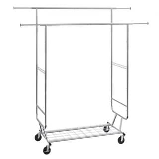 Silver Steel Double Hanging Rod Clothing Garment Rack with Adjustable ...