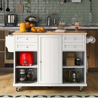 White Kitchen Island Cart on 5 wheels with Spice Rack/Drawers - Bed ...