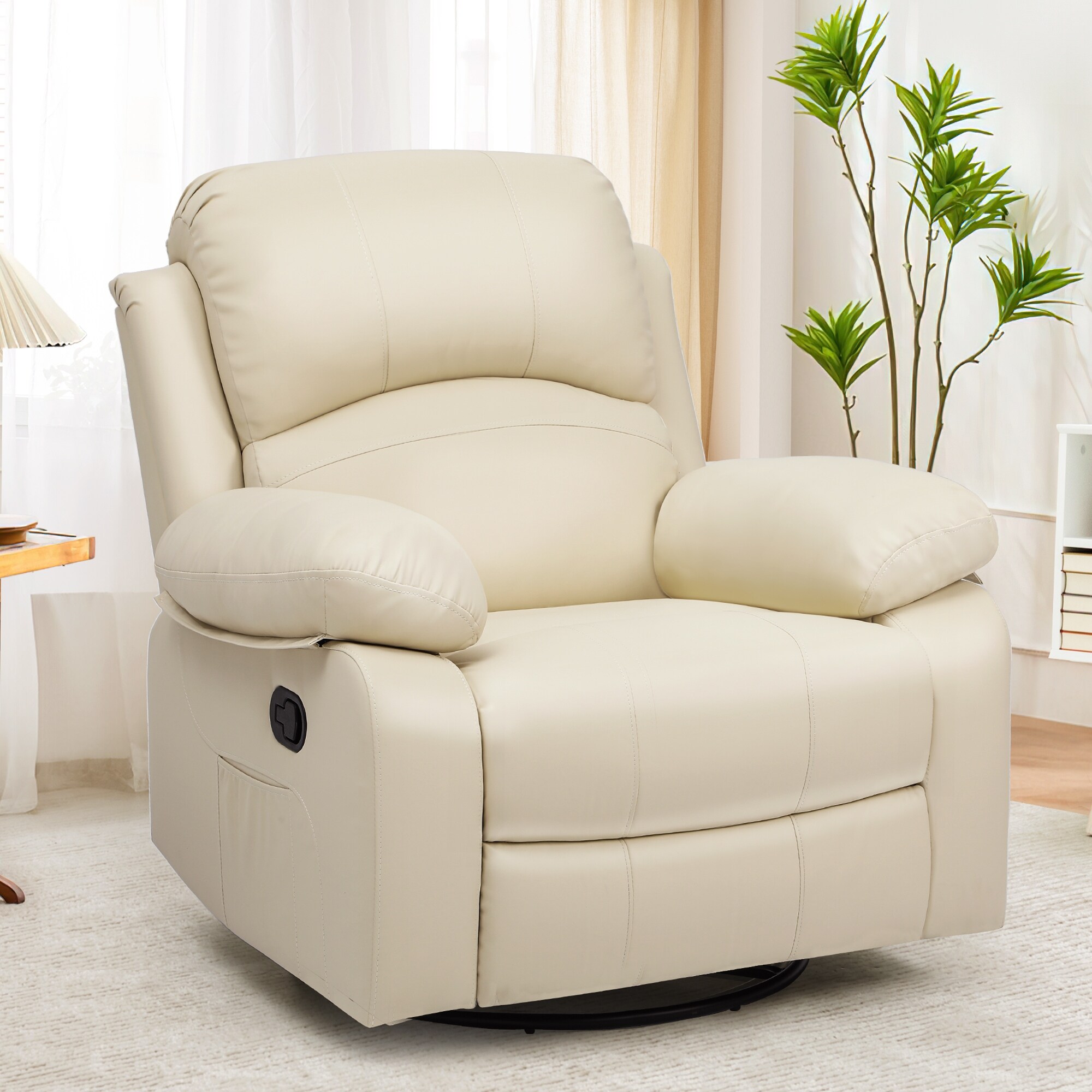 Moasis Beige Faux Leather Oversized Rocker Recliner Chair with Heat and Massage