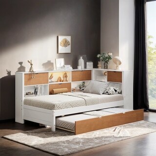 L-Shaped Bed Frame w/Trundle and and Bookcase,Corner Bed Captain Bed ...