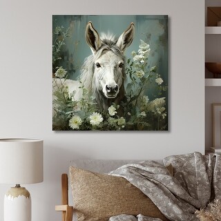 Designart "Farmhouse Donkeys Flower Charm II" Donkey White Wall Decor ...