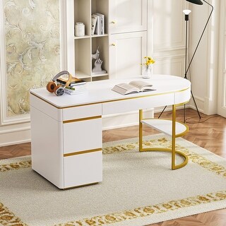 Executive Desk, Curved Computer Desk, Writing Desk with 1 Cabinet and 3 ...