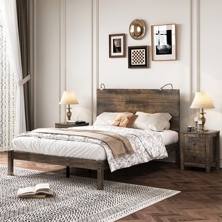 Rustic Full Size Platform Bed with 2-Drawer Nightstand - Bed Bath ...